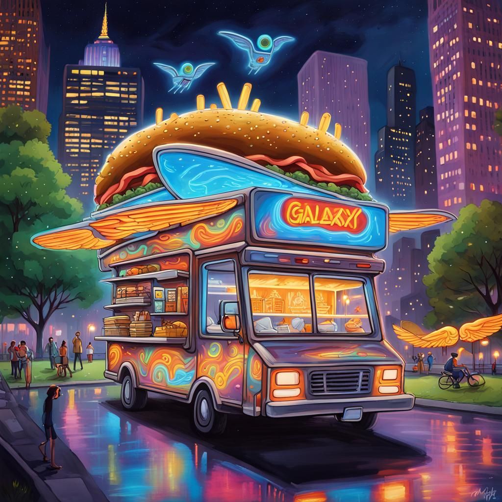 a vivid cartoon of A winged flying FUTURISTIC BURGERS AND FRIES ...