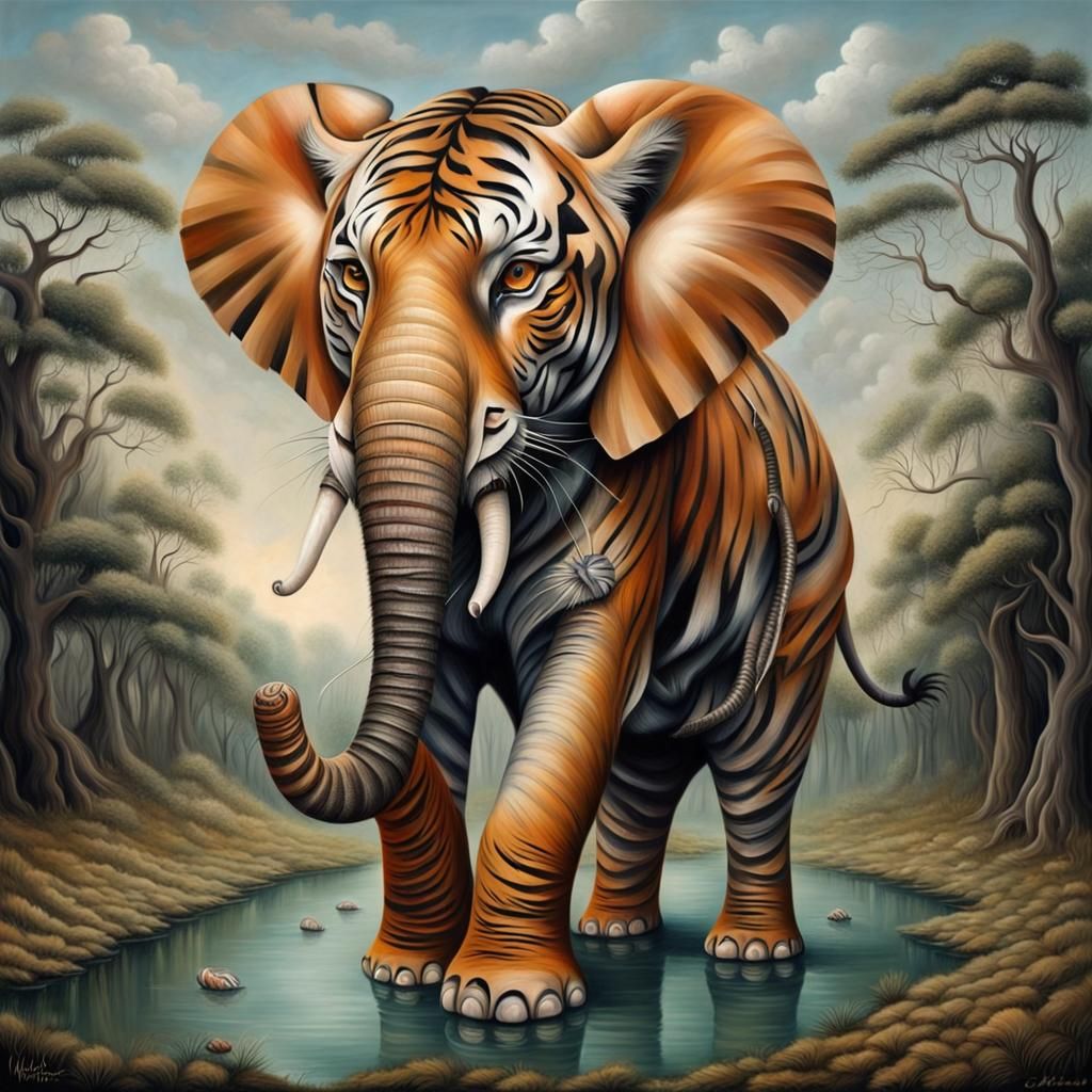 a surreal painting of an elephant-tiger hybrid., animal hybrid ...