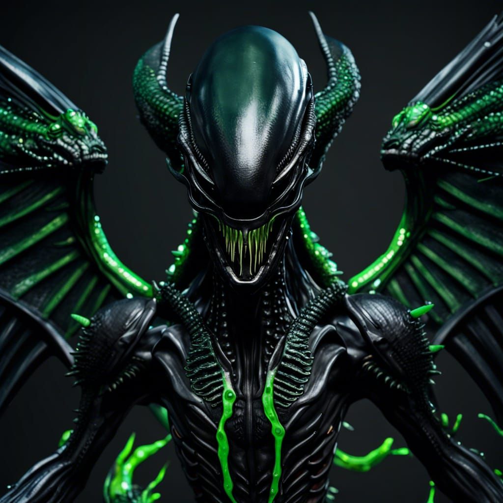 Hyper Realistic badass Black Xenomorph with dragon wings with Green goo ...