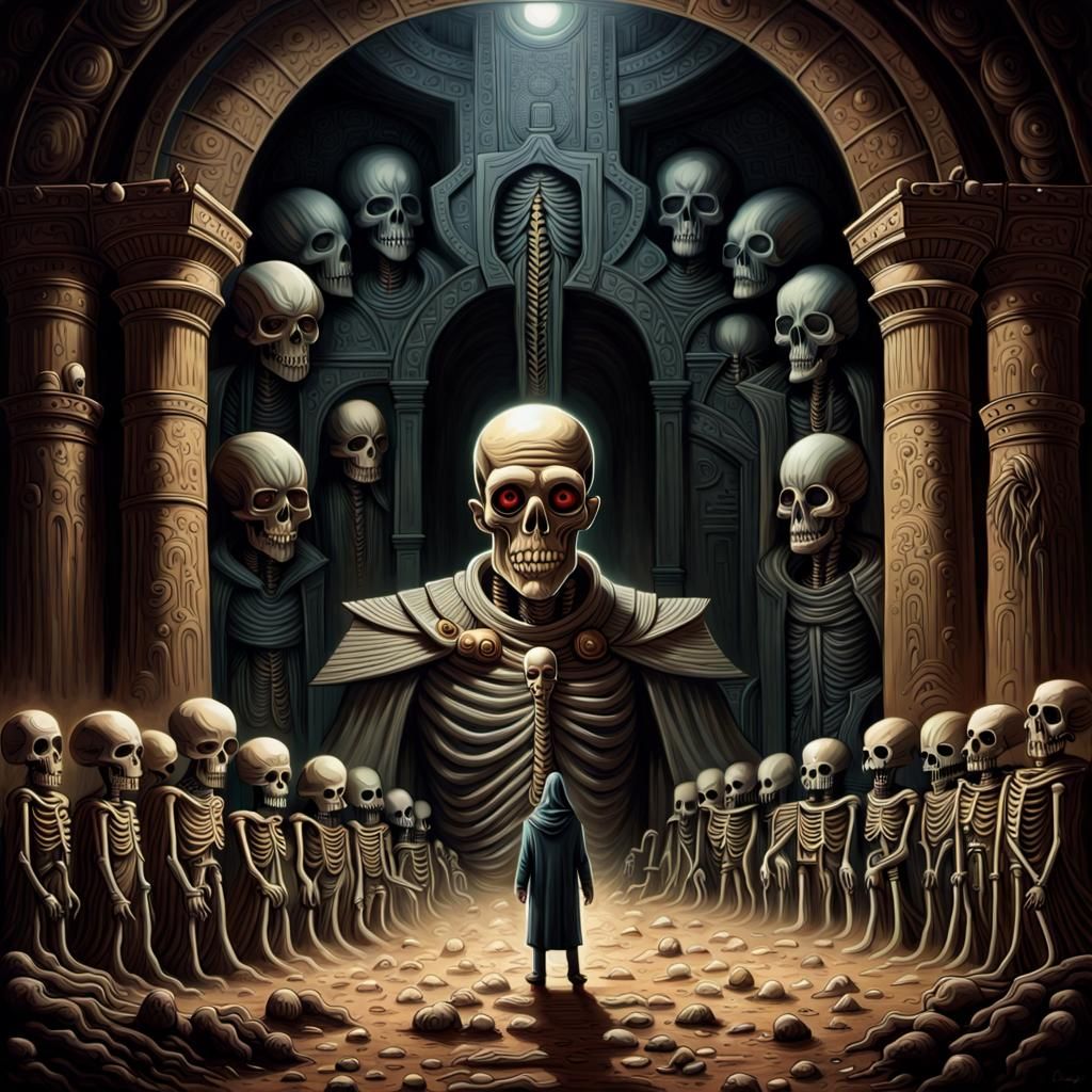 a painting of a man surrounded by skeletons, by Dan Mumford, an undead ...