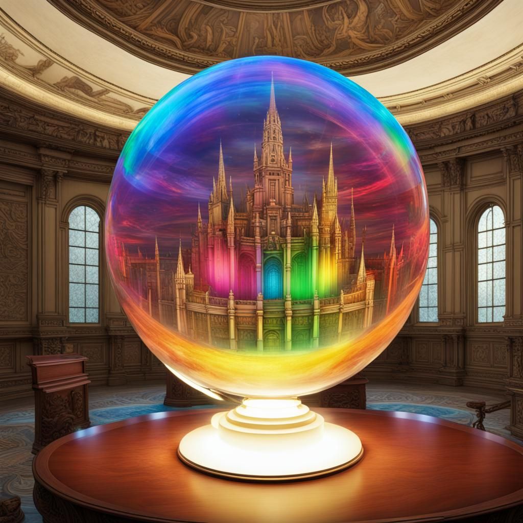 Multi colored translucent orb with a kingdom inside, orb is illuminated ...