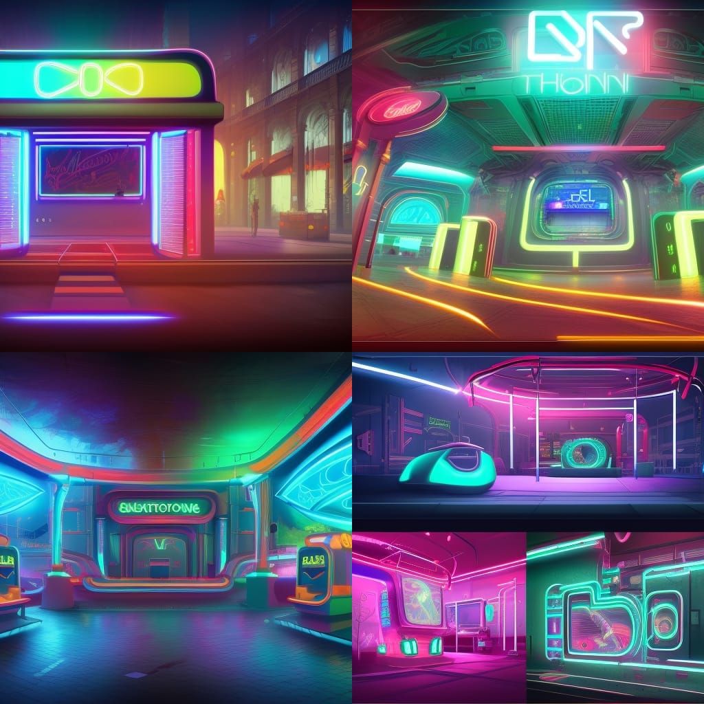 event booths neon, futuristic, with big advertisement display - AI ...