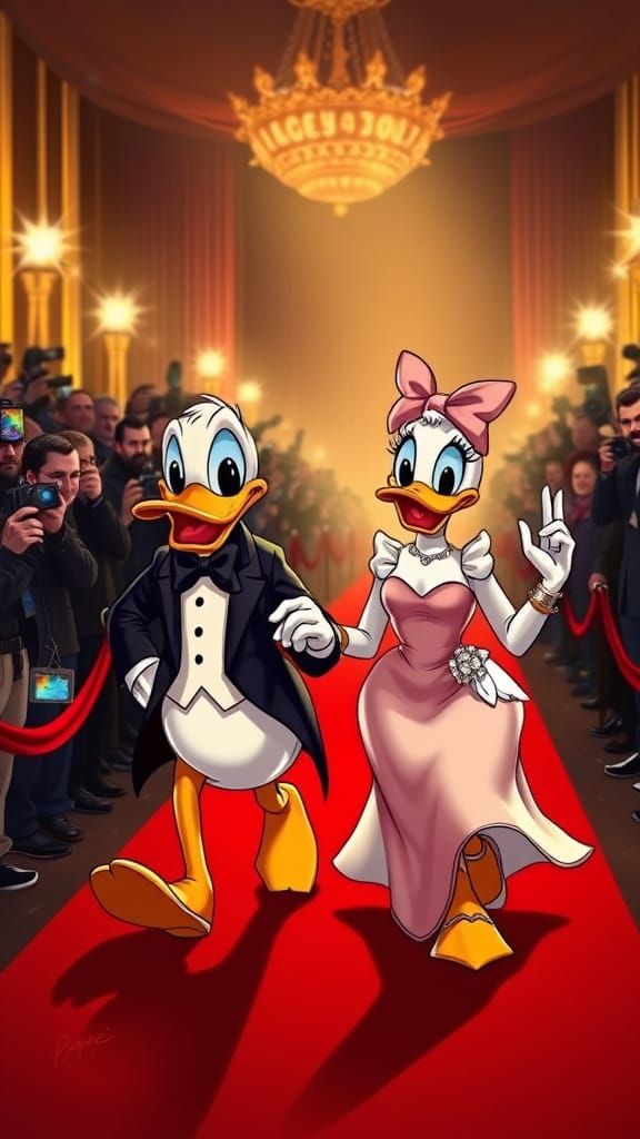Donald and Daisy Duck walking the red carpet at the Oscar's paparazzi ...