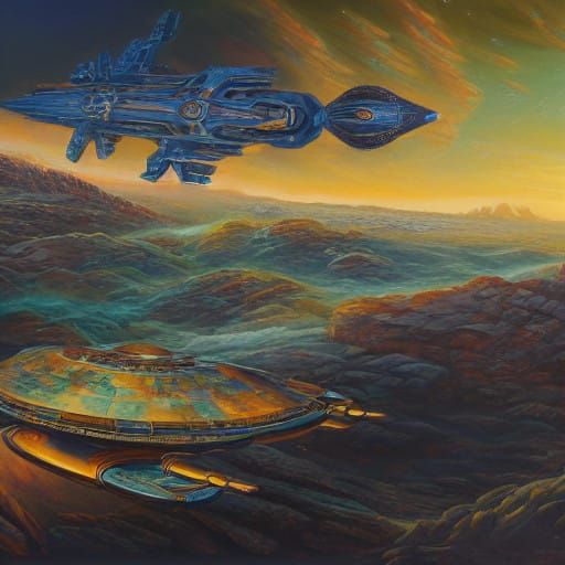Spaceships, sci-fi, oil painting, vintage, painted by keith parkinson