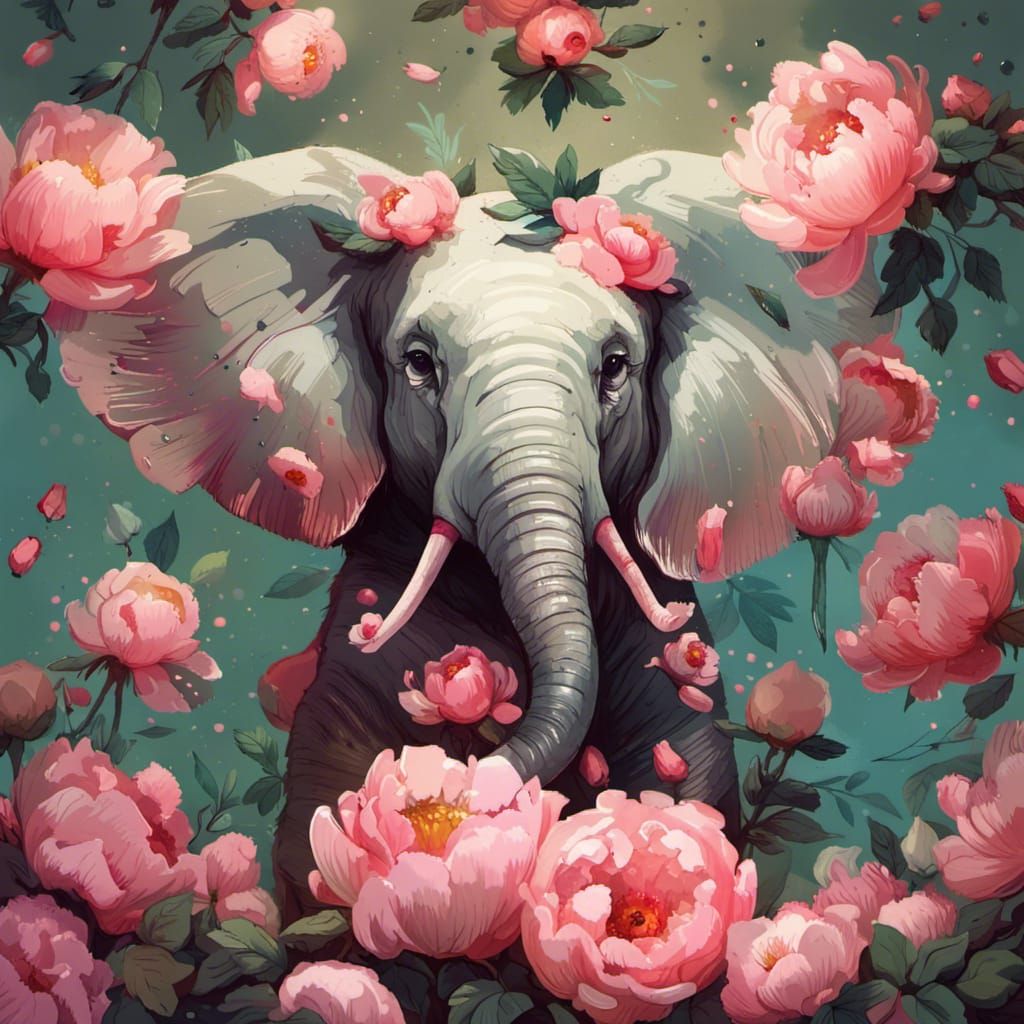 An adorable chibi baby elephant covered in peony flowers - AI Generated ...