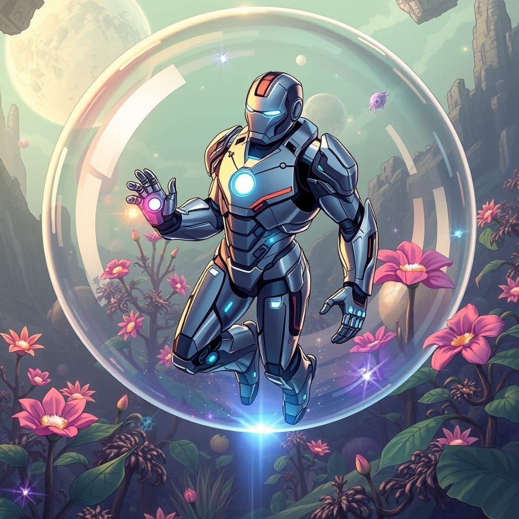 : Imagine a futuristic Iron Man suit, sleek and silver, floating inside ...