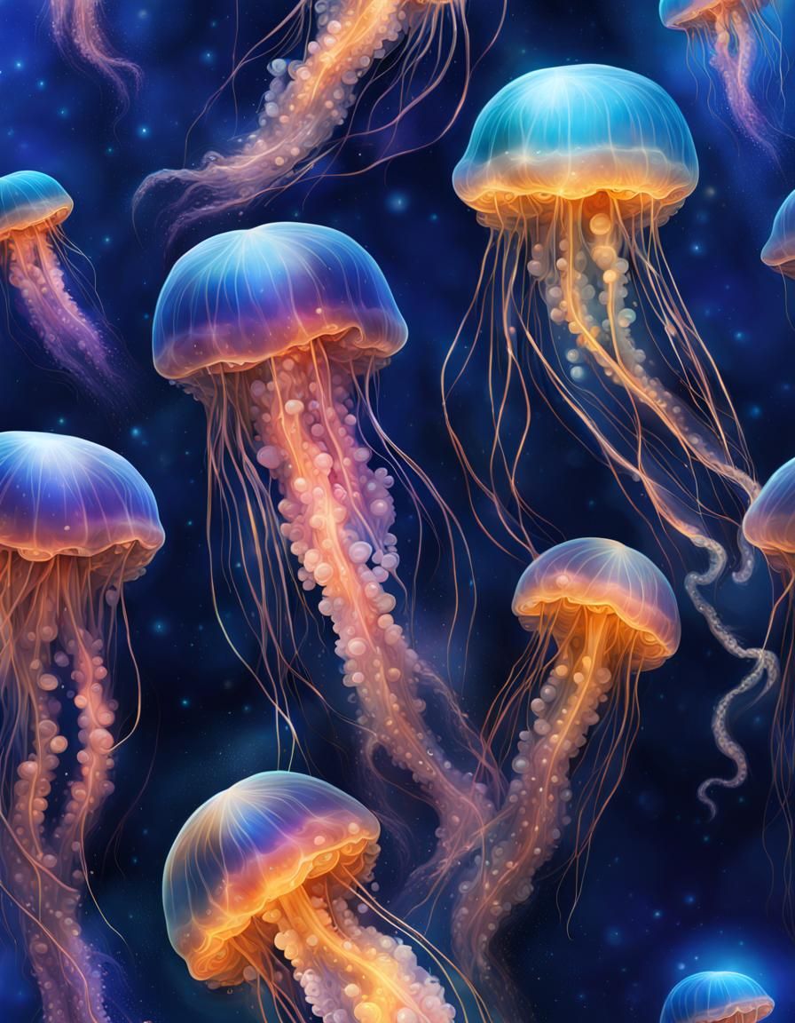 under sea starry water, flock bioluminescent jellyfish swimming up ...
