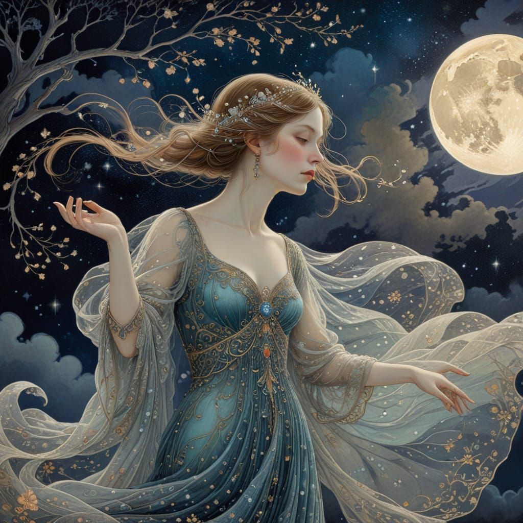 Ethereal Princess Shines Under Starry Midnight Ski... - AI Art