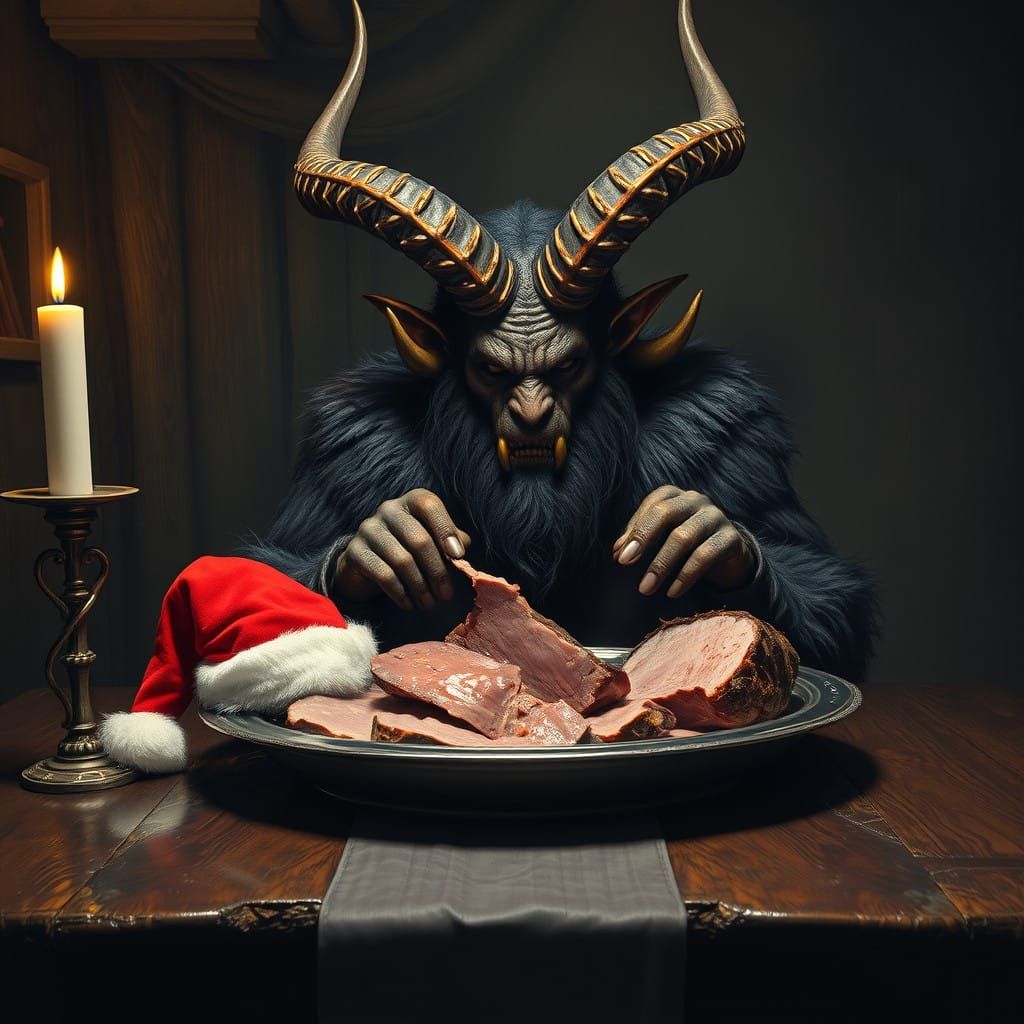 Krampus Seated at an Ominous Dining Table in Dark ... - AI Art
