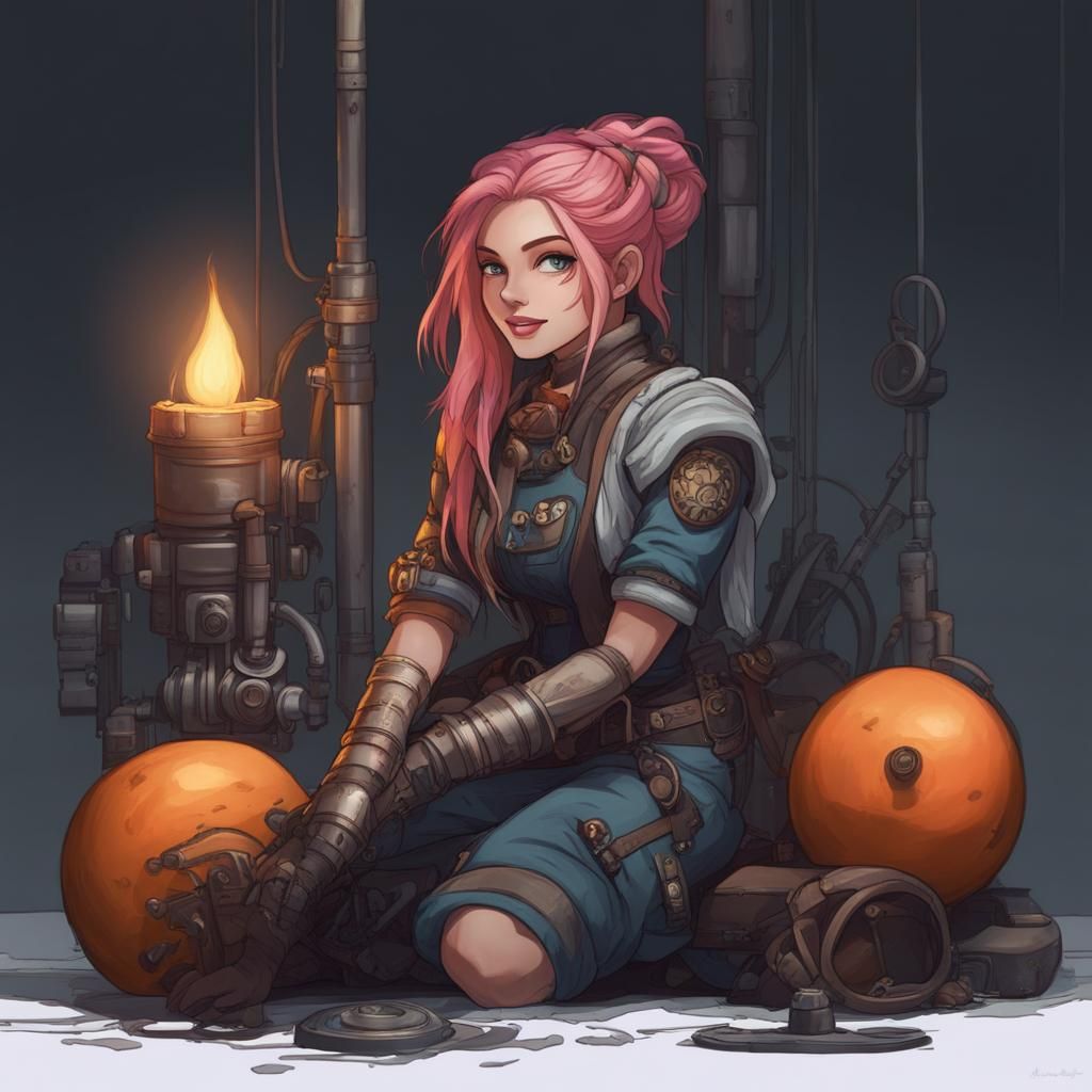 cute intricate smiling gothic steampunk mechanic girl with pink hairs ...