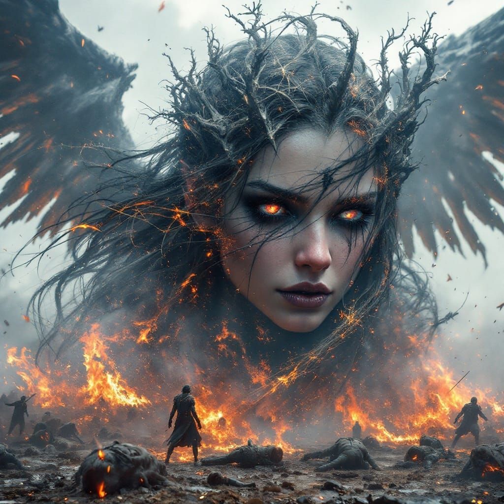 Valkyrie watches over the battlefield for the brave fallen warriors