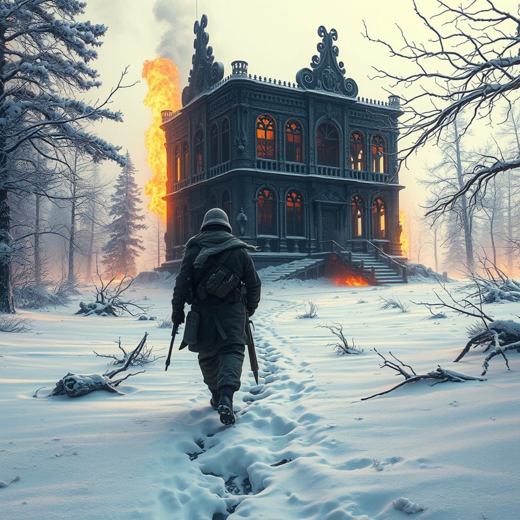 A hyper realistic "post-apocalyptic" winter-themed scene "burnt snowy ...