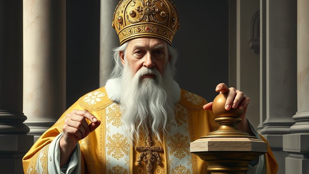 A hyper-realistic medieval painting of Pope Gregory IX, an elderly man ...