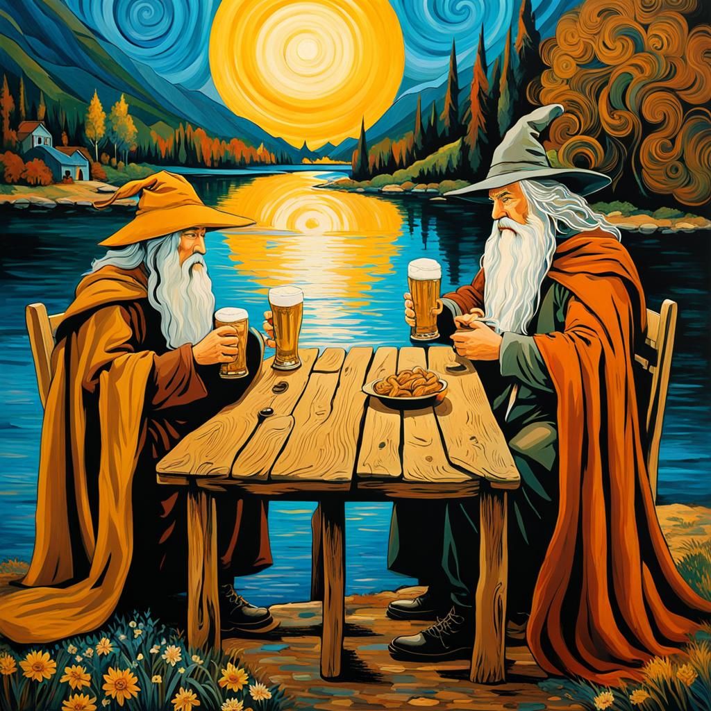 Gandalf and Frodo bagings from Lord of the ring, having a beer at a ...