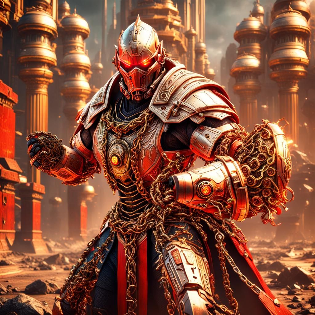 red sci-fi warrior snapping golden chains - AI Generated Artwork ...