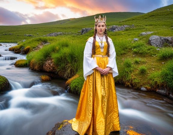 Tsarina in golden attire of pre-petrine era, on a rock in water of a ...