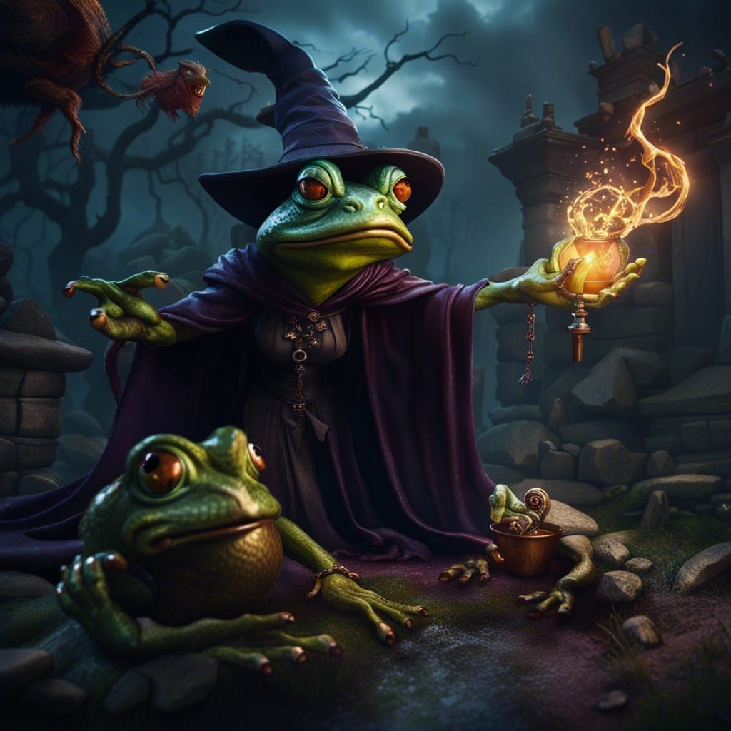 Evil witch casts spell on frog detailed matte painting, deep color ...