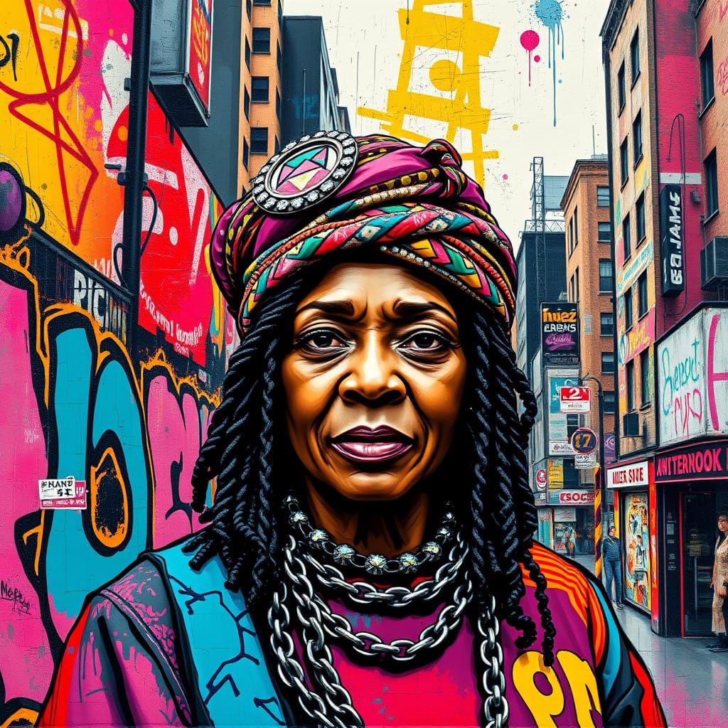 Urban Goddess in Diamond-Encrusted Graffiti Chain - AI Art