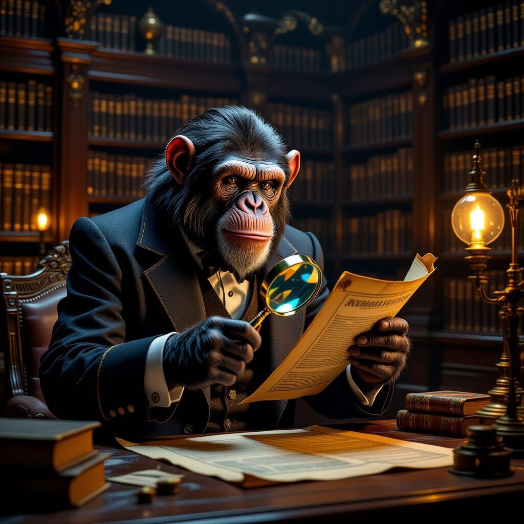 Chimpanzee Scholar in Library, Digital Matte Paint... - AI Art