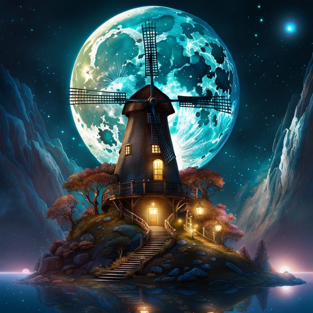 full moon shining over a magical windmill - AI Generated Artwork ...