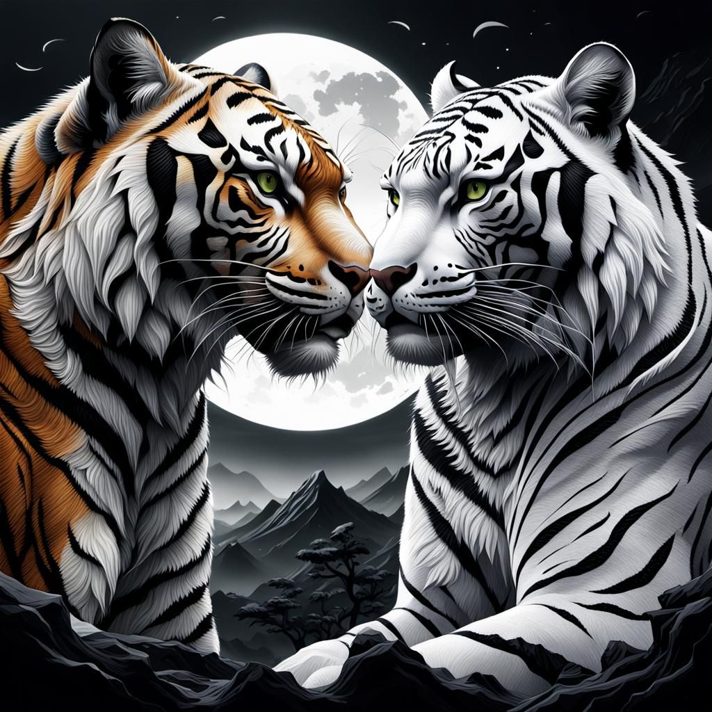 Tiger - Hyper-Realistic Digital Art of Contrasting Tigers in...