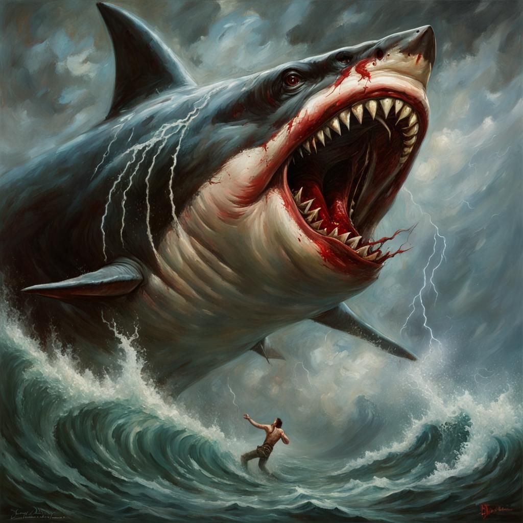 Bloody jaws big shark breaching water , lightning bolts, scary detailed painting Gerald Brom 8K ...