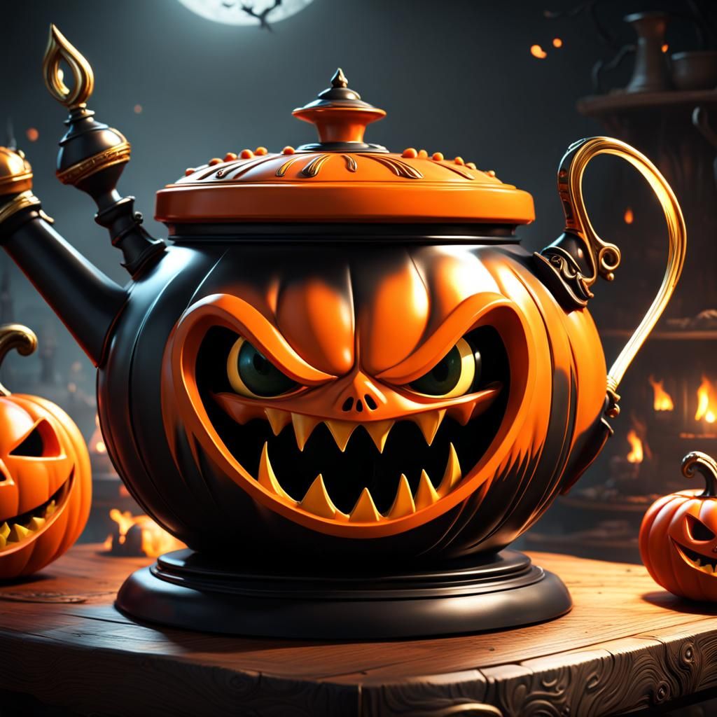 evil black kettle creepy spooky scarry screaming on a table big eyes ...