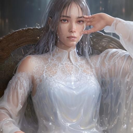 beautiful woman sitting couch, wet white translucent shirt, translucent ...