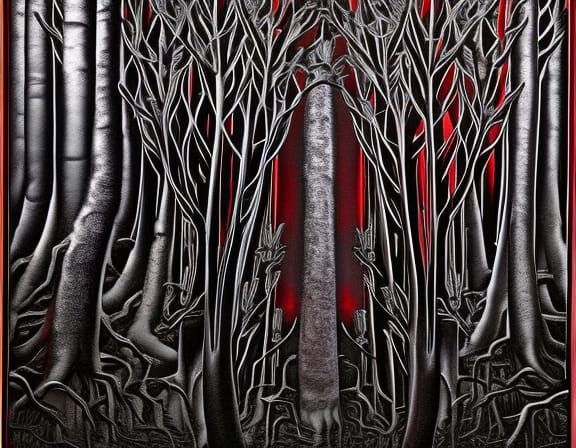 Art by H.R. Giger, spooky forest, bronchiole veins, silhouettes from ...