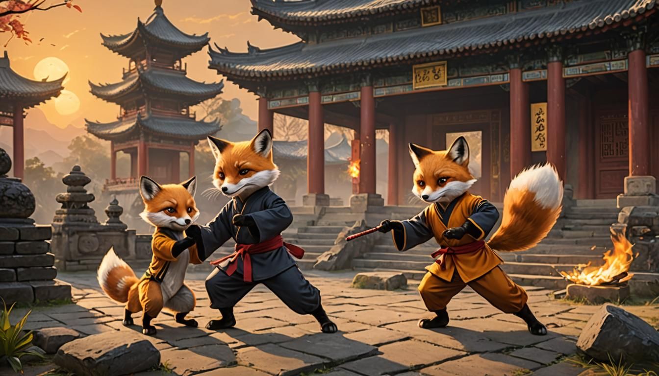 Kung-Fu lesson : Master Fox and young Apprentice Fox pup practicing ...