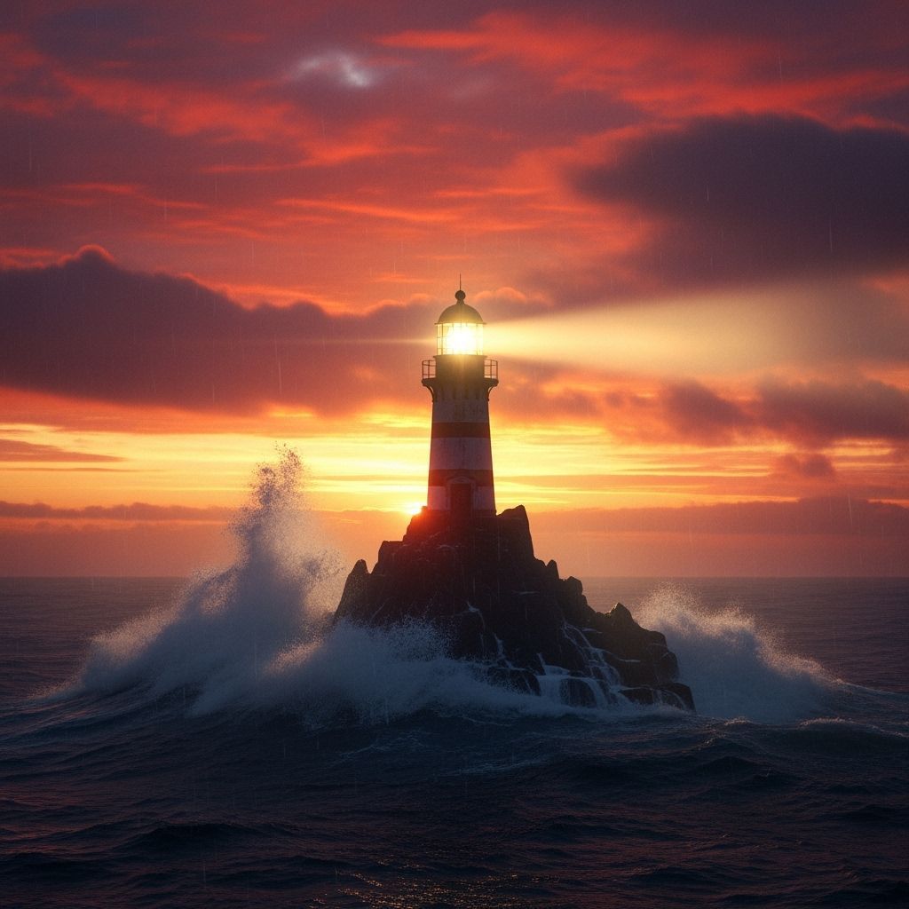 Lighthouse at Sunset with Crashing Waves - AI Art