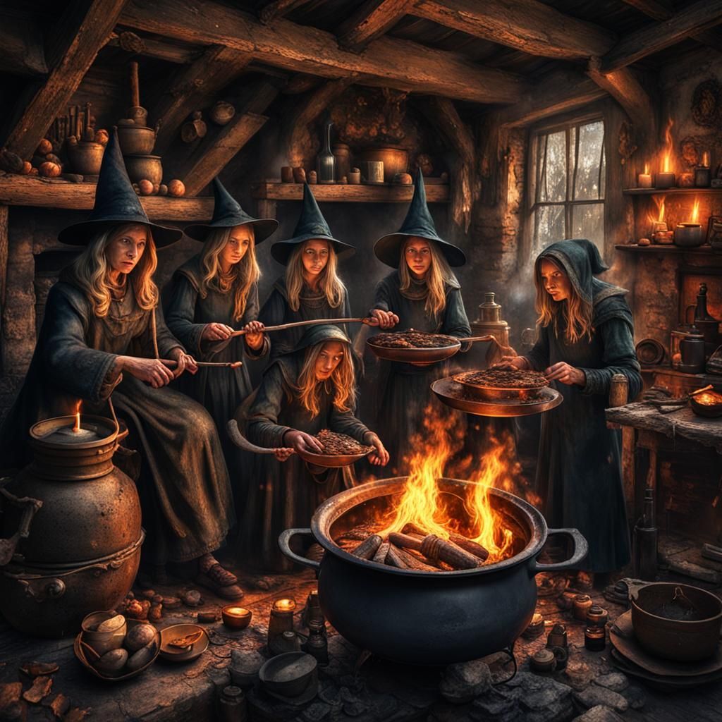 A coven of medieval witches in a decrepit cottage over a boiling pot ...