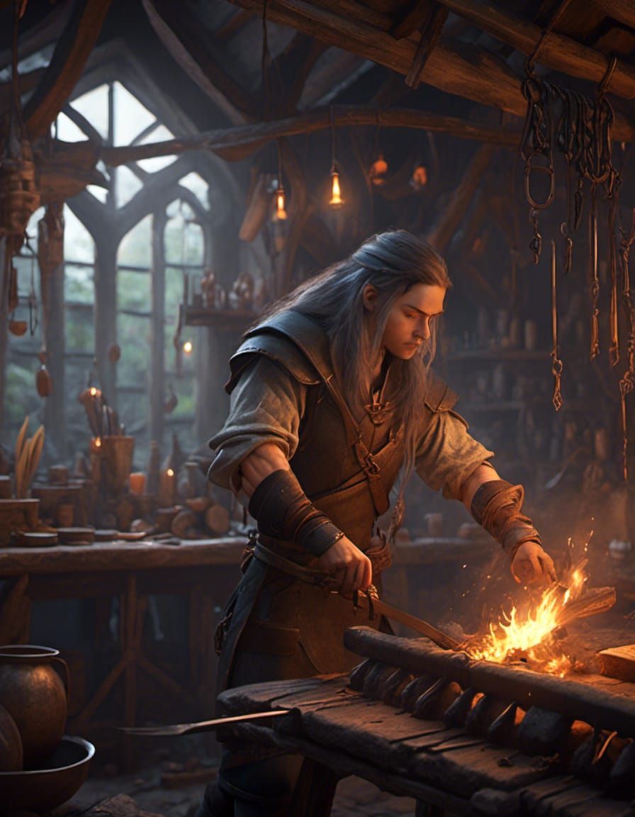 Elven blacksmith working in the style of acrylic matte painting ...