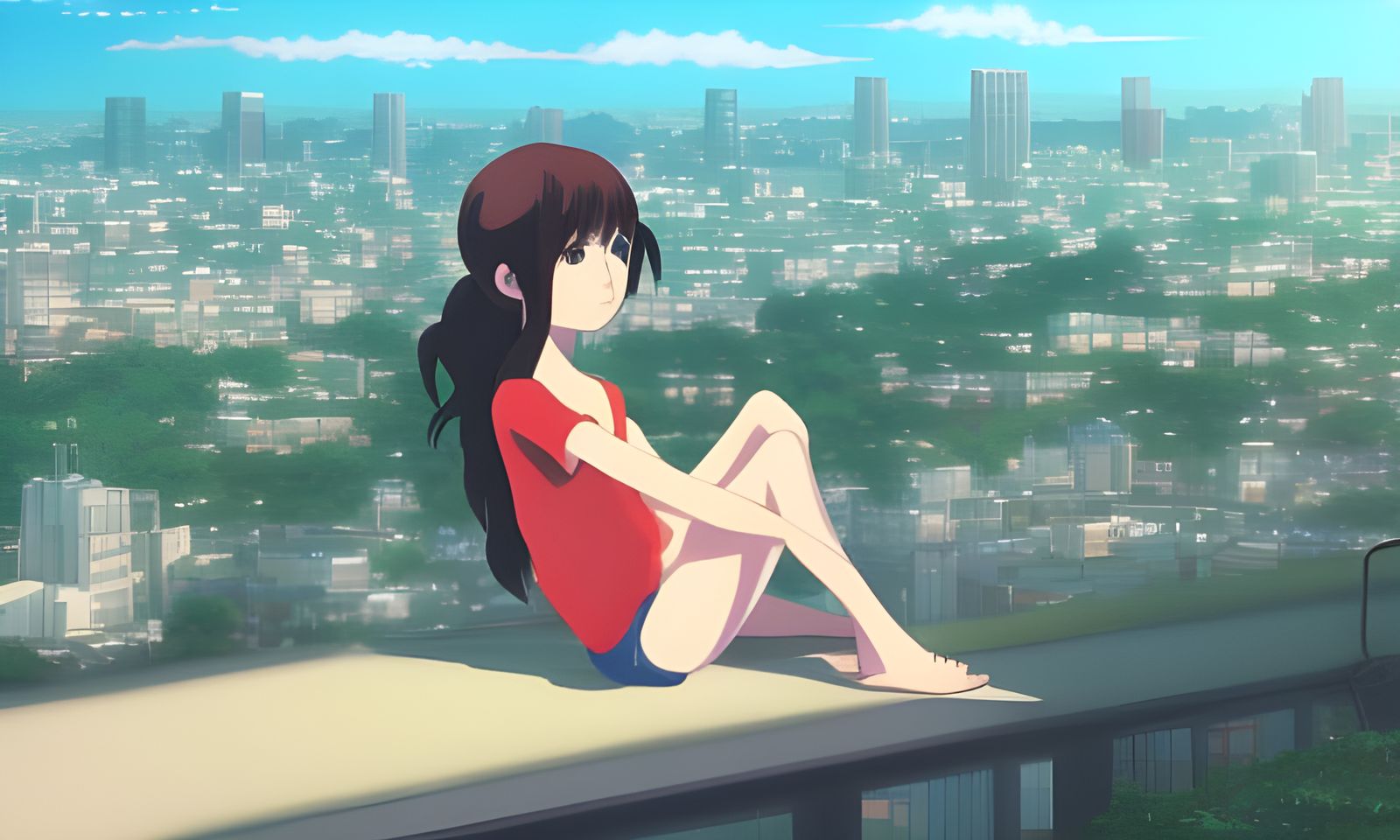 Girl sitting on rooftop overlooking the city and its skyscrapers. - AI ...