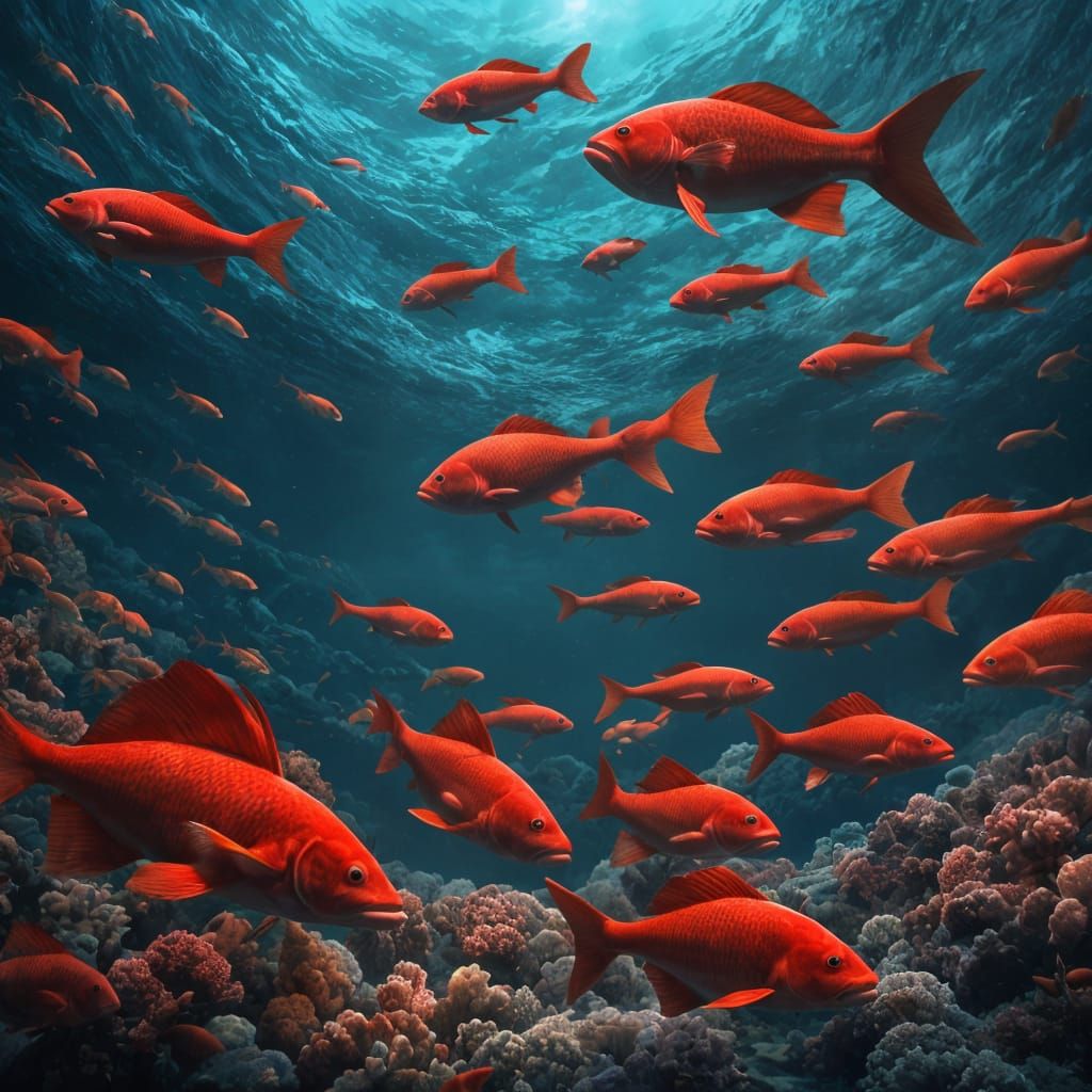 A shoal of red fish swimming beneath the sea waves Epic cinematic ...