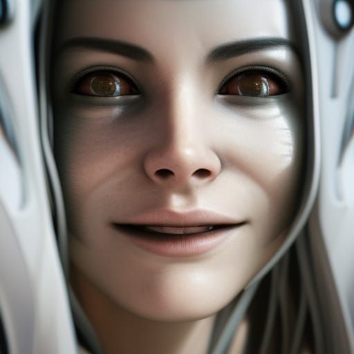 Portrait of a smiling cyborg woman, peaceful, digital art, unreal ...