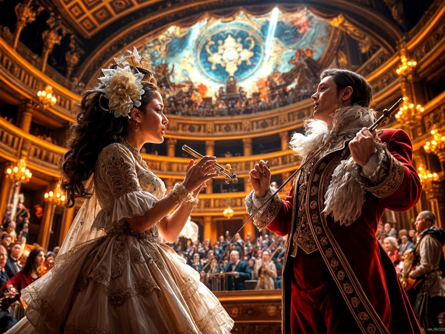 Romantic 18th Century Opera Scene in Anime Fantasy... - AI Art