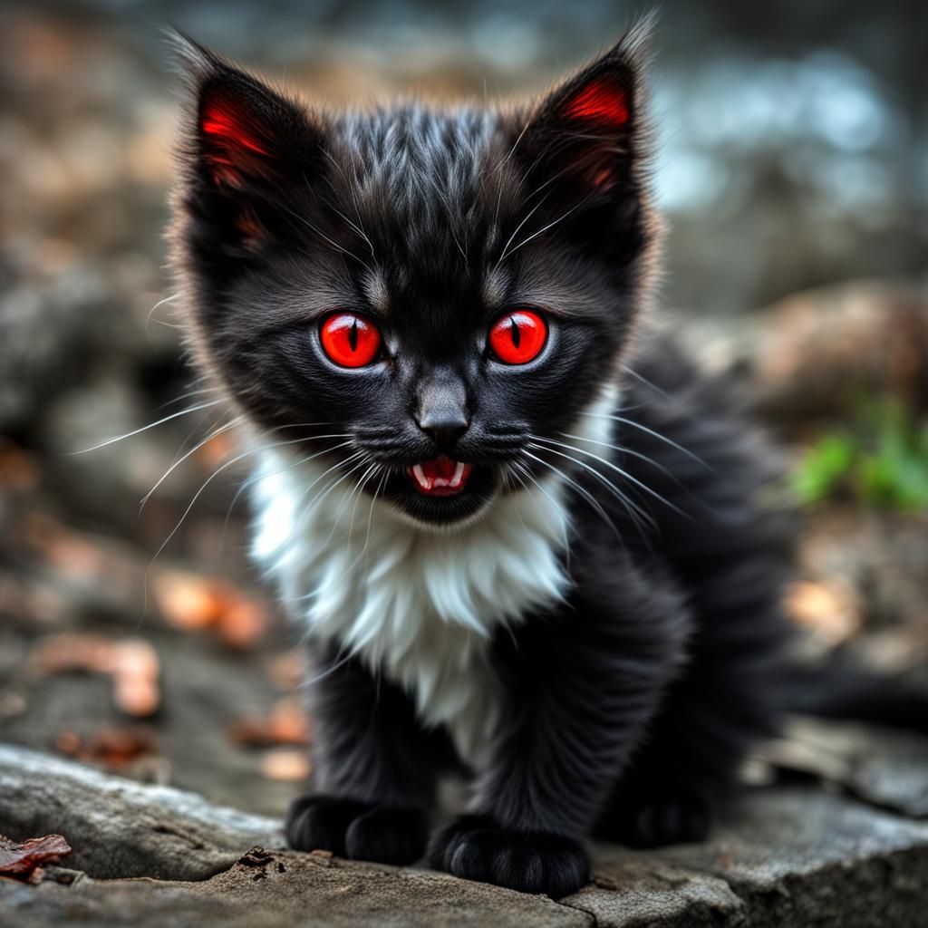 Vampire kitty, red eyes, adorably cute, intricate details, beautifully ...