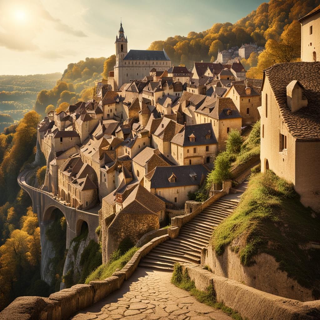 Medieval French Village on a Cliffside in Warm Gol... - AI Art