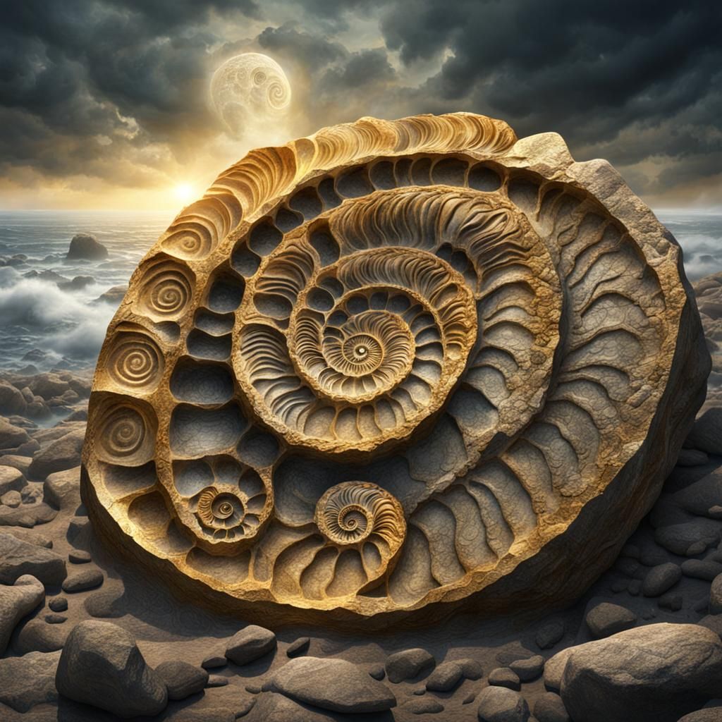Rock carved with gold proportion number, Fibonacci sequence, spiral. In ...