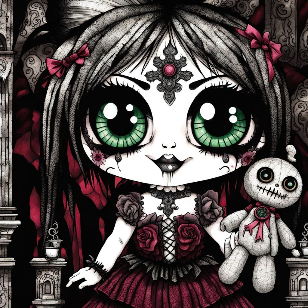 An adorable chibi pouty goth punk mischievous girl with huge detailed ...