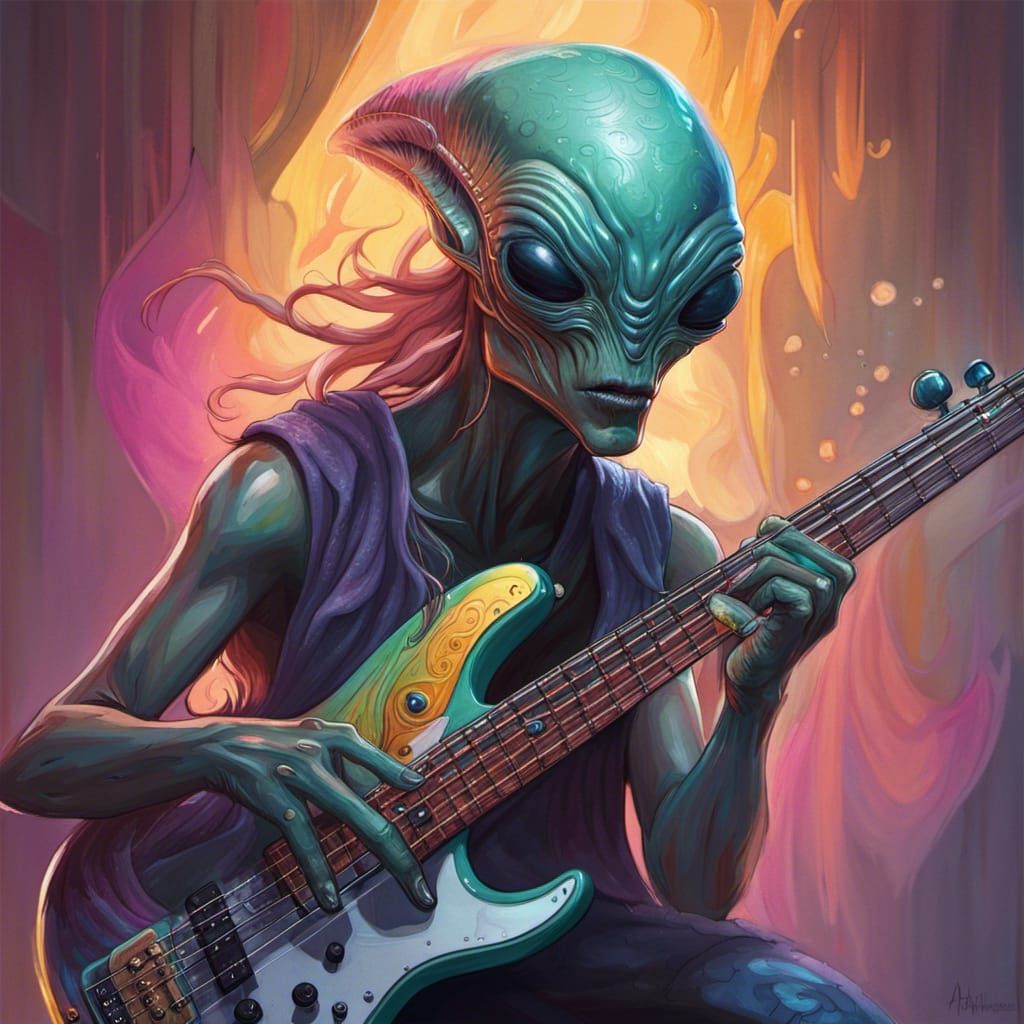 alien creature playing bass guitar head and shoulders portrait, 8k ...