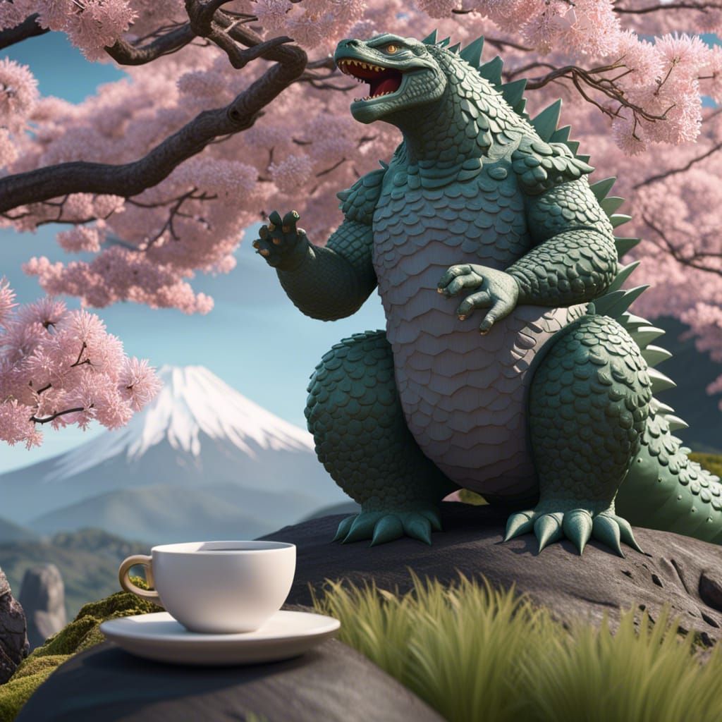 Godzilla on Mt. Fuji with Sakura and Tea 4 - AI Generated Artwork ...