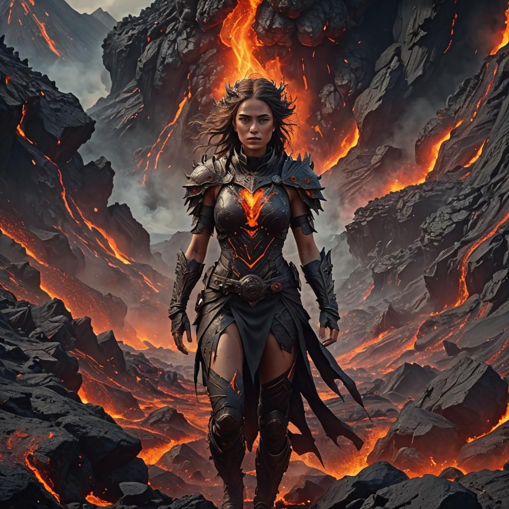 she is a gorgeous woman coming out of volcano and created out of lava ...