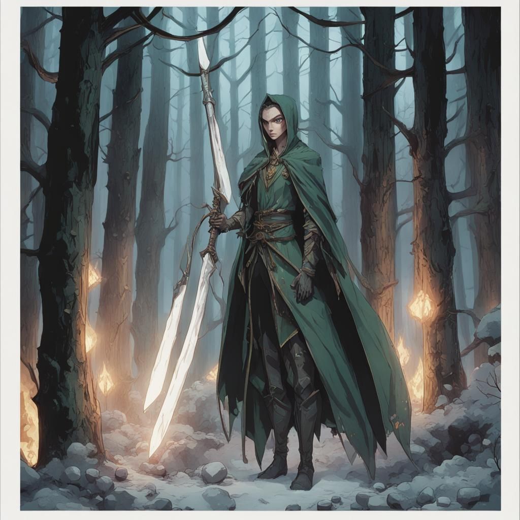 five glowing swords floating in the air around the figure of an elf ...