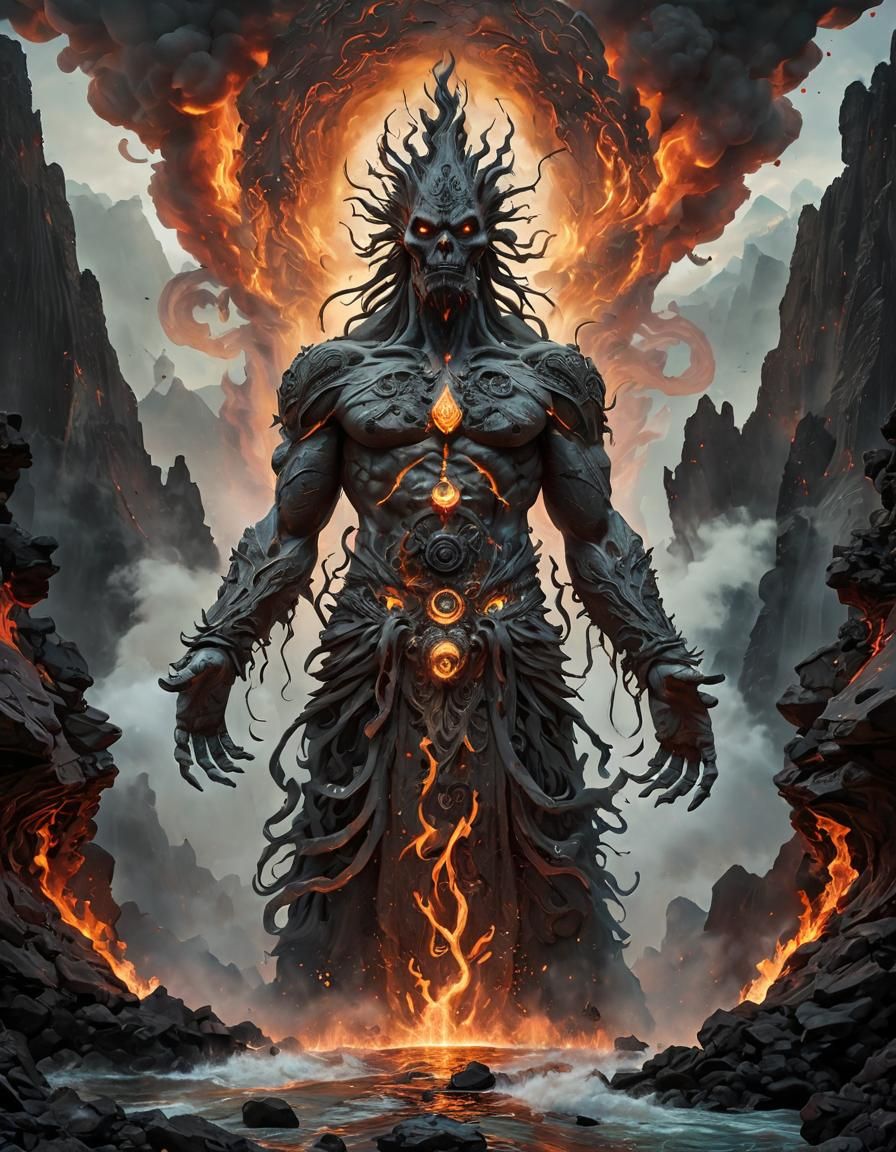 a playing card with an image of a Colossal shamanic figure stands ...