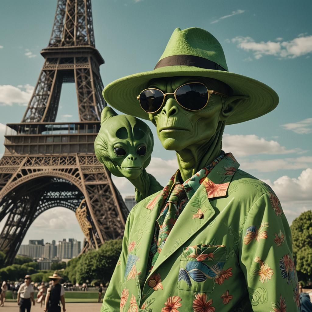 portrait of a green alien in front of the Eiffel Tower, with sunglasses ...