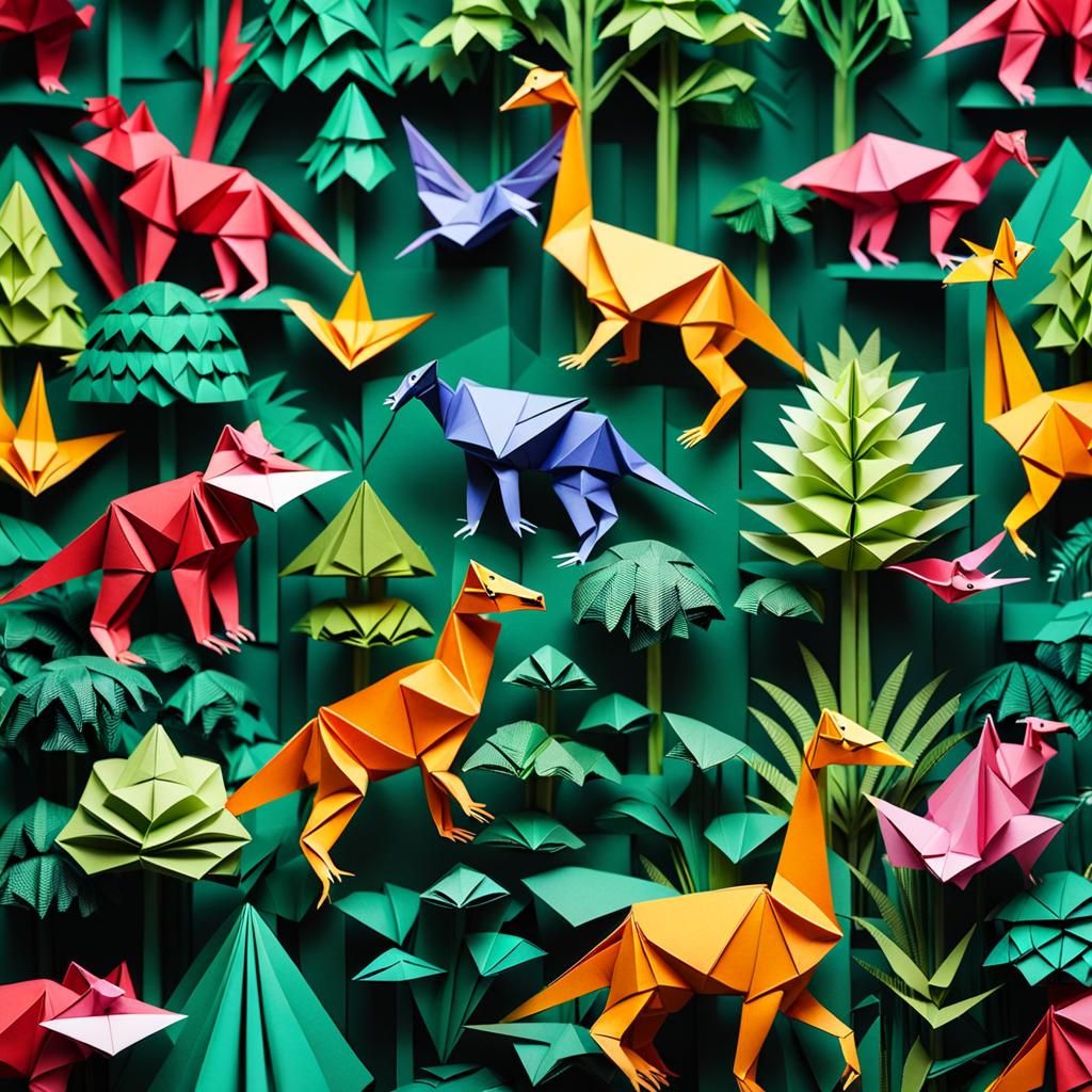 lush intricately detailed origami rainforest bright colors perfect ...