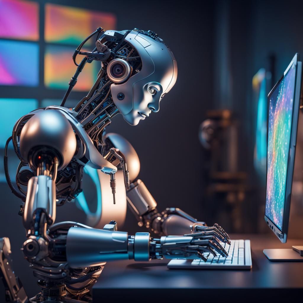Robotic Ai Assistant sitting at a desk working on A computer ...