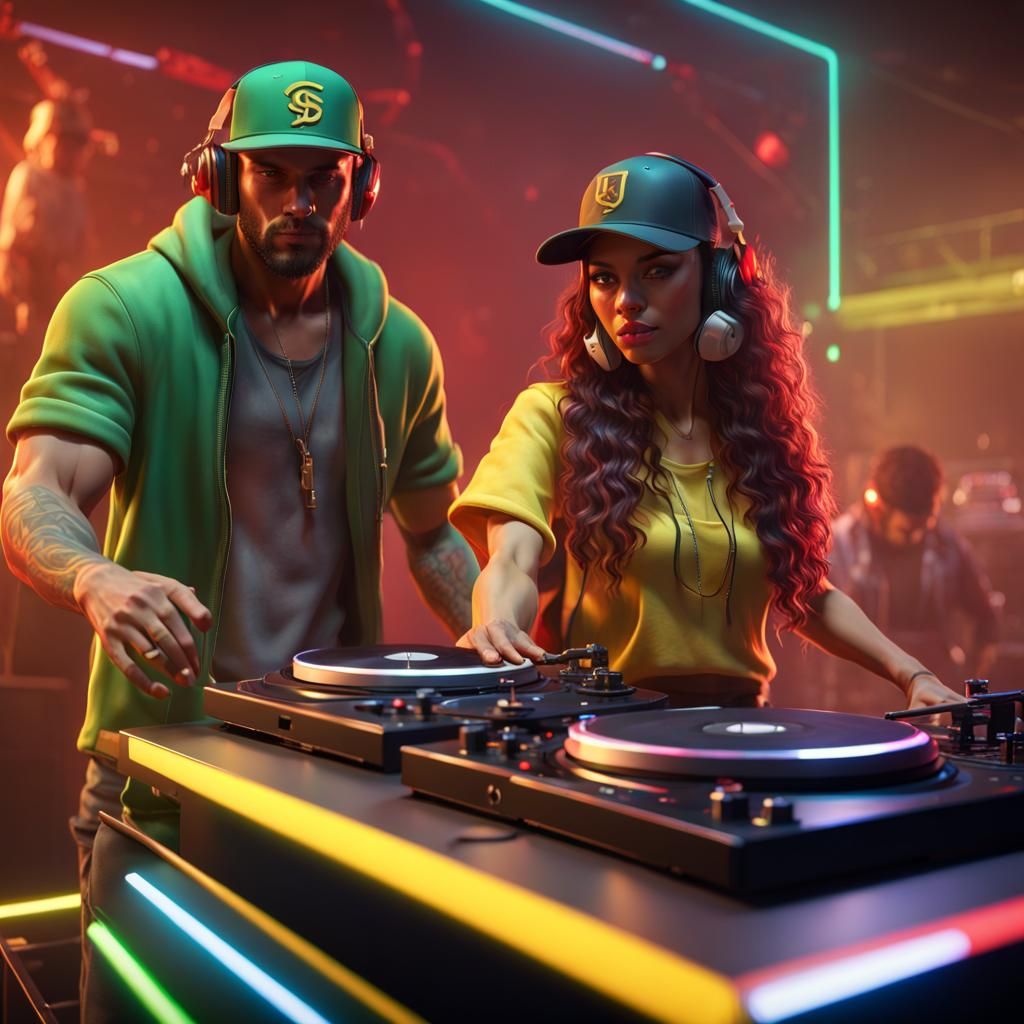 DJ man male playing turntables with baseball cap on with a Spanish ...